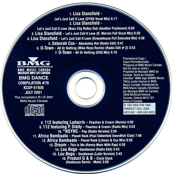 ・アーティスト Various ・タイトル Bmg Dance Compilation #76 ・レーベル・型番 BMG Music Canada KCDP51936PROMO ・フォーマット CD ・コンディション(盤) 良い (VG+)...