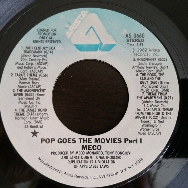 ・アーティスト Meco Monardo ・タイトル Pop Goes The Movies Part I ・レーベル・型番 Arista AS0660PROMO ・フォーマット 7インチレコード ・コンディション(盤) 良い (VG+) ...