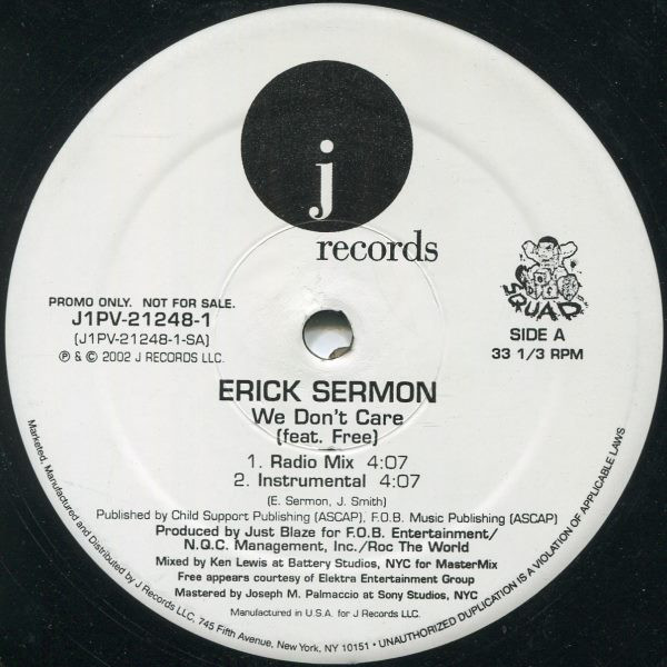・アーティスト Erick Sermon, Free ・タイトル We Don't Care ・レーベル・型番 J Records, Def Squad J1PV212481PROMO ・フォーマット 12インチレコード ・コンディション(...