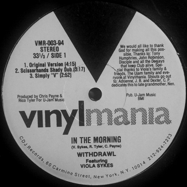 ・アーティスト Withdrawl, Viola Sykes ・タイトル In The Morning ・レーベル・型番 Vinylmania VMR00394 ・フォーマット 12インチレコード ・コンディション(盤) 非常に良い(EX)...