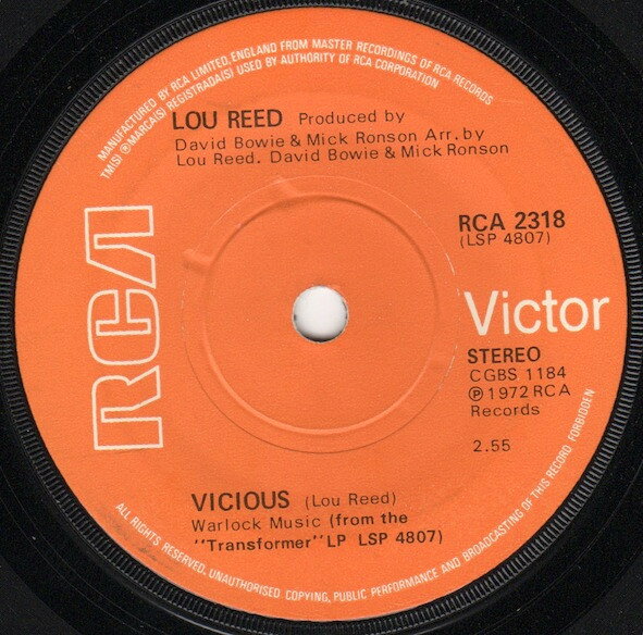 ・アーティスト Lou Reed ・タイトル Vicious ・レーベル・型番 RCA Victor RCA2318 ・フォーマット 7インチレコード ・コンディション(盤) 可 (VG) ・コンディション(ジャケット) プレインカバー（元...