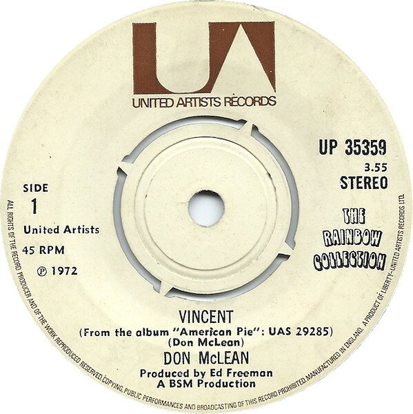 ・アーティスト Don Mclean ・タイトル Vincent ・レーベル・型番 United Artists Records UP35359 ・フォーマット 7インチレコード ・コンディション(盤) 良い (VG+) ・コンディション(...