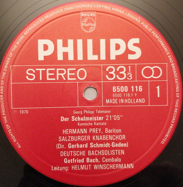 ・アーティスト Telemann, Deutsche Bachsolisten, Helmut Winschermann, Hermann Prey ・タイトル Telemann Kantaten ・レーベル・型番 PHILIPS 6500...
