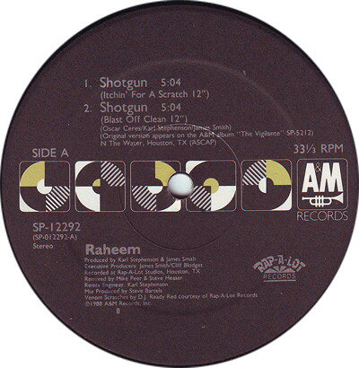 ・アーティスト Raheem ・タイトル Shotgun ・レーベル・型番 A&M Records SP12292 ・フォーマット 12インチレコード ・コンディション(盤) 良い (VG+) ・コンディション(ジャケット) プレインカバー...