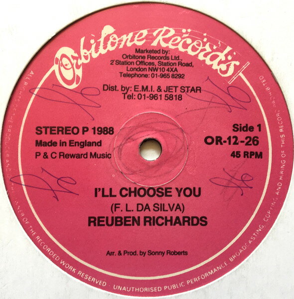 ・アーティスト Reuben Richards ・タイトル I'll Choose You ・レーベル・型番 Orbitone Records OR1226 ・フォーマット 12インチレコード ・コンディション(盤) 良い (VG+) ・コ...