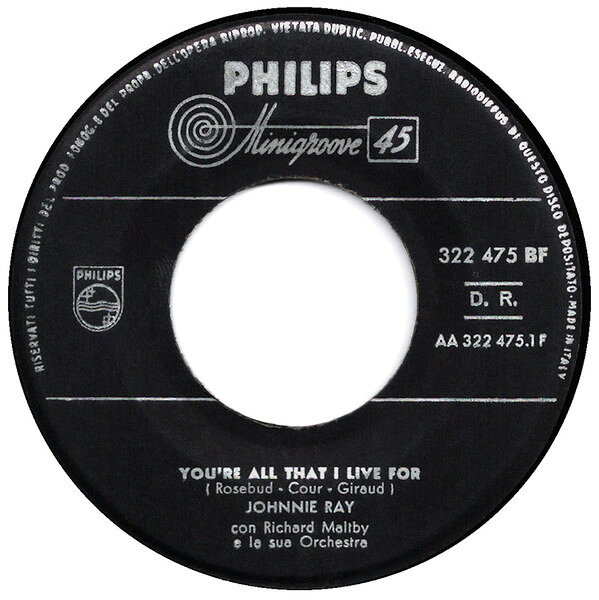 ・アーティスト Johnnie Ray ・タイトル You're All That I Live For / I'll Never Fall In Love Again ・レーベル・型番 Philips 322475BF ・フォーマット 7...