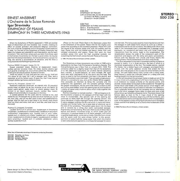 ・アーティスト Igor Stravinsky ; L'Orchestre De La Suisse Romande , Ernest Ansermet ・タイトル Symphony Of Psalms / Symphony In Thre...