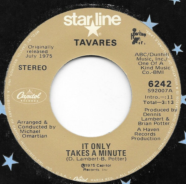 ・アーティスト Tavares ・タイトル It Only Takes A Minute / Remember What I Told You To Forget ・レーベル・型番 Capitol Records 6242 ・フォーマット ...