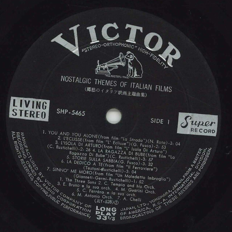 ・アーティスト Various ・タイトル 郷愁のイタリア映画主題曲集 ・レーベル・型番 VICTOR SHP5465 ・フォーマット LPレコード ・コンディション(盤) 可 (VG) ・コンディション(ジャケット) 良い (VG+) ・...