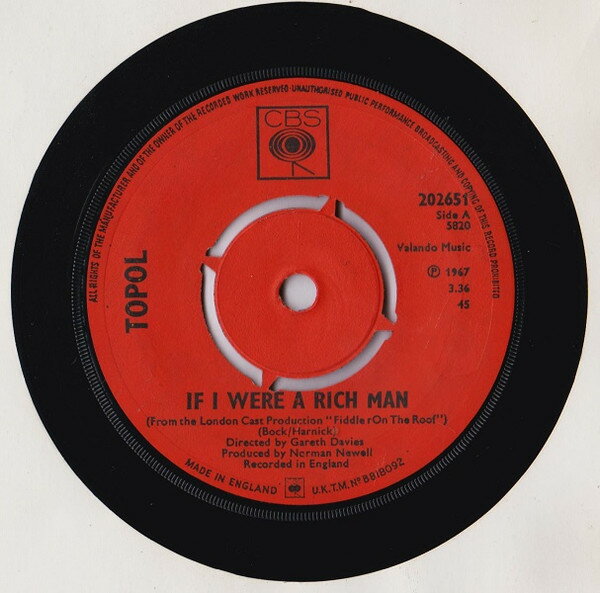 ・アーティスト Topol ・タイトル If I Were A Rich Man ・レーベル・型番 CBS 202651 ・フォーマット 7インチレコード ・コンディション(盤) 良い (VG+) ・コンディション(ジャケット) プレインカ...