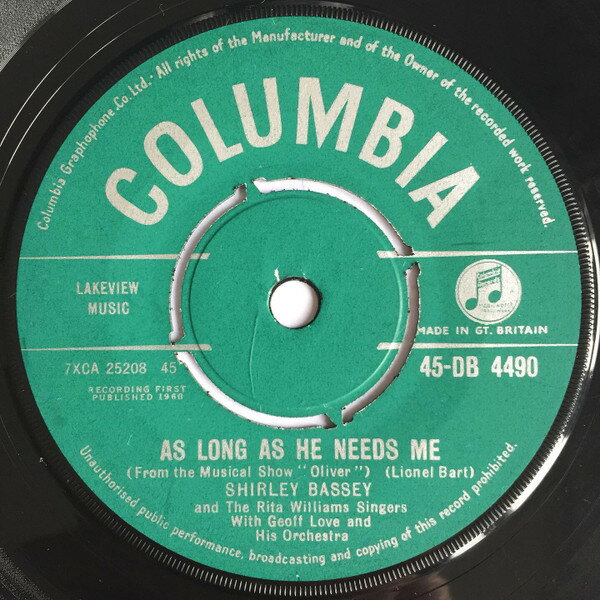 ・アーティスト Shirley Bassey, The Rita Williams Singers & Geoff Love & His Orchestra ・タイトル As Long As He Needs Me ・レーベル・型番 Col...