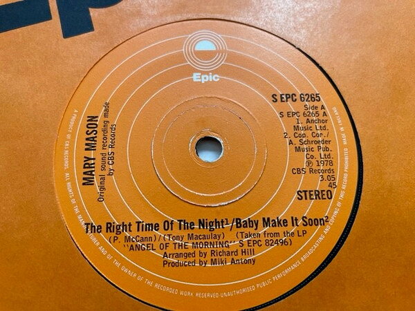 ・アーティスト Mary Mason ・タイトル The Right Time Of The Night/Baby Make It Soon (Medley) ・レーベル・型番 Epic SEPC6265 ・フォーマット 7インチレコード ...