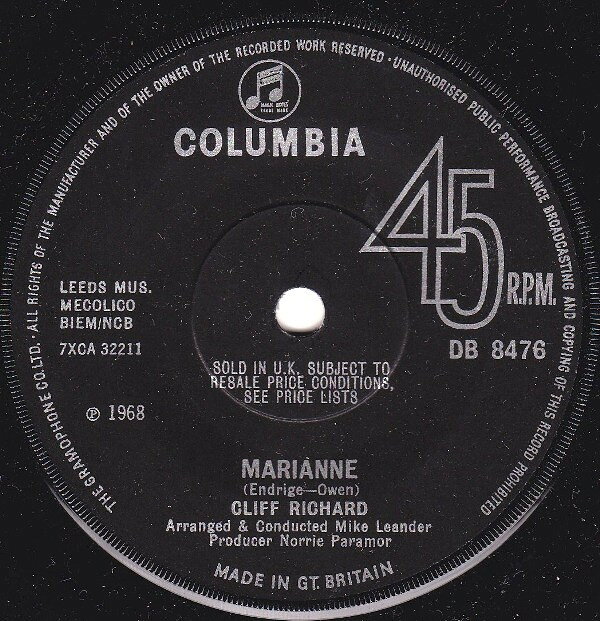 ・アーティスト Cliff Richard ・タイトル Marianne ・レーベル・型番 Columbia DB8476 ・フォーマット 7インチレコード ・コンディション(盤) 良い (VG+) ・コンディション(ジャケット) プレイン...