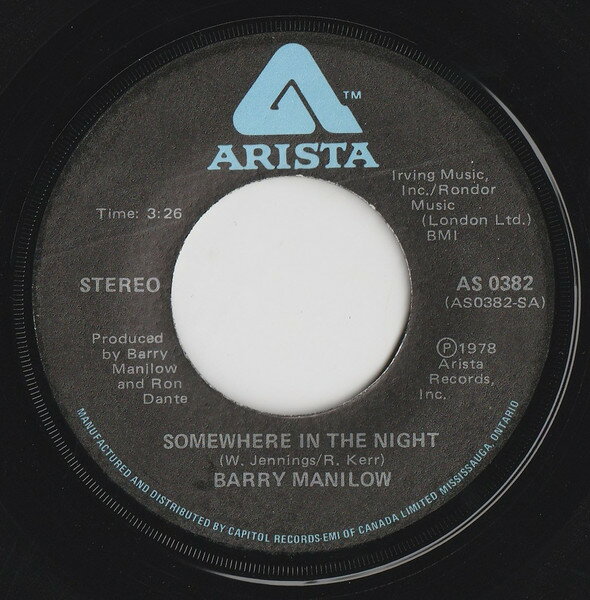 ・アーティスト Barry Manilow ・タイトル Somewhere In The Night ・レーベル・型番 Arista AS0382 ・フォーマット 7インチレコード ・コンディション(盤) 良い (VG+) ・コンディション...