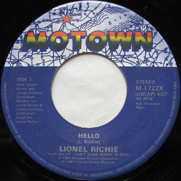 ・アーティスト Lionel Richie ・タイトル Hello ・レーベル・型番 Motown M1722X ・フォーマット 7インチレコード ・コンディション(盤) 良い (VG+) ・コンディション(ジャケット) プレインカバー（元...