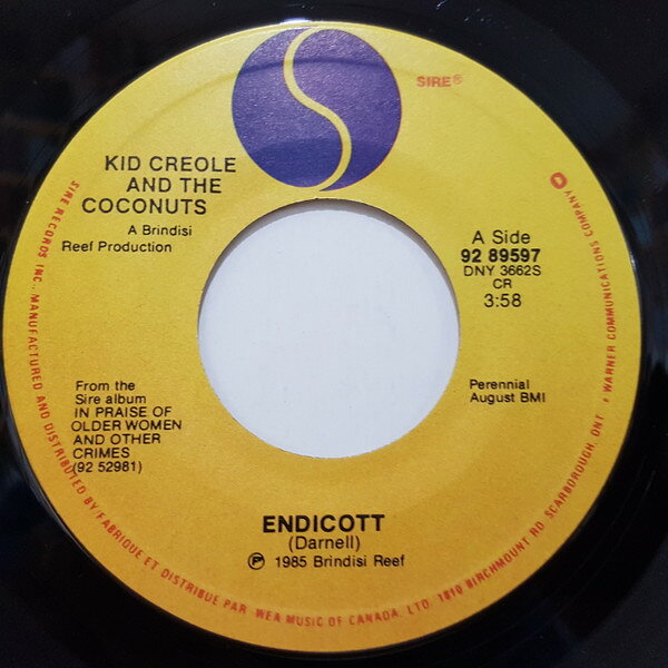 ・アーティスト Kid Creole And The Coconuts ・タイトル Endicott ・レーベル・型番 Sire 9289597 ・フォーマット 7インチレコード ・コンディション(盤) 良い (VG+) ・コンディション(...