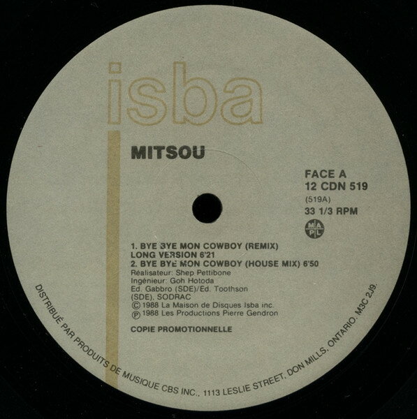 ・アーティスト Mitsou ・タイトル Bye Bye Mon Cowboy ・レーベル・型番 ISBA 12CDN519 ・フォーマット 12インチレコード ・コンディション(盤) 良い (VG+) ・コンディション(ジャケット) プレ...