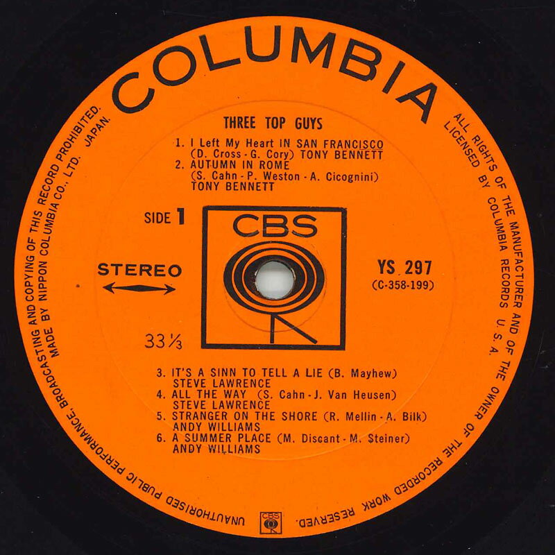 ・アーティスト Tony Bennet, Andy Williams, Steve Lawrence ・タイトル Three Top Guys ・レーベル・型番 COLUMBIA YS297 ・フォーマット LPレコード ・コンディション(...