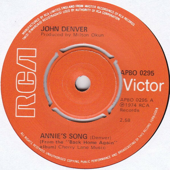 ・アーティスト John Denver ・タイトル Annie's Song ・レーベル・型番 RCA Victor APBO0295 ・フォーマット 7インチレコード ・コンディション(盤) 良い (VG+) ・コンディション(ジャケット...