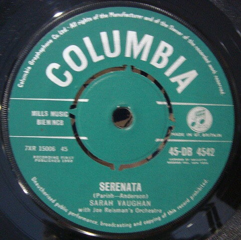 ・アーティスト Sarah Vaughan ・タイトル Serenata ・レーベル・型番 Columbia 45DB4542 ・フォーマット 7インチレコード ・コンディション(盤) 可 (VG) ・コンディション(ジャケット) プレイン...