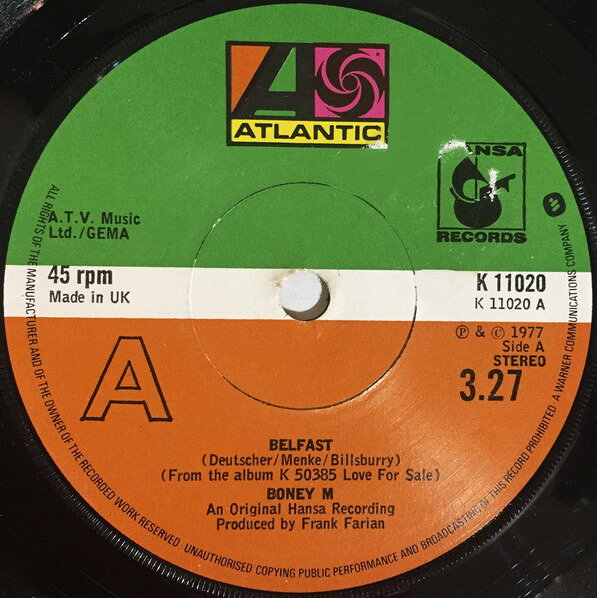 ・アーティスト Boney M. ・タイトル Belfast ・レーベル・型番 Atlantic K11020 ・フォーマット 7インチレコード ・コンディション(盤) 良い (VG+) ・コンディション(ジャケット) プレインカバー（元ジ...