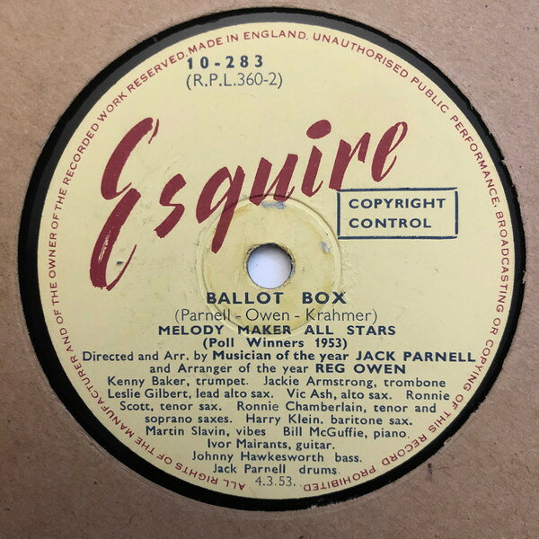・アーティスト Melody Maker All Stars ・タイトル Ballot Box / Coronation Jump ・レーベル・型番 ESQUIRE 10283 ・フォーマット 78回転SP盤レコード ・コンディション(盤)...