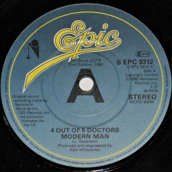 ・アーティスト 4 Out Of 5 Doctors ・タイトル Modern Man ・レーベル・型番 Epic, Nemperor Records SEPC9312 ・フォーマット 7インチレコード ・コンディション(盤) 良い (VG...