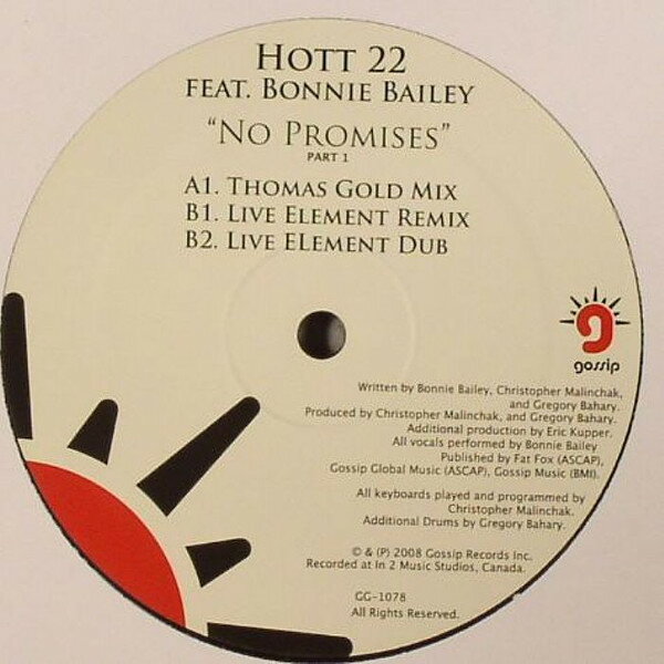 ・アーティスト Hott 22, Bonnie Bailey ・タイトル No Promises (Part 1) ・レーベル・型番 Gossip Records GG1078 ・フォーマット 12インチレコード ・コンディション(盤) 非...