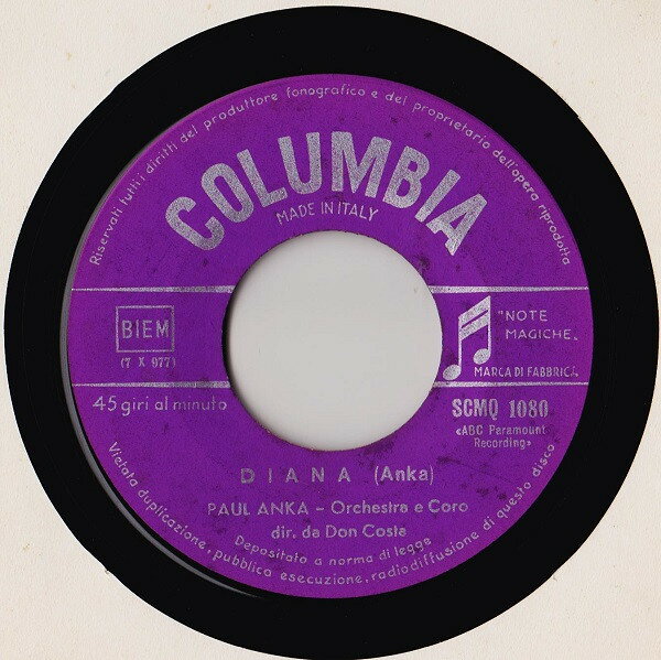 ・アーティスト Paul Anka ・タイトル Diana ・レーベル・型番 Columbia SCMQ1080 ・フォーマット 7インチレコード ・コンディション(盤) 良い (VG+) ・コンディション(ジャケット) プレインカバー（元...