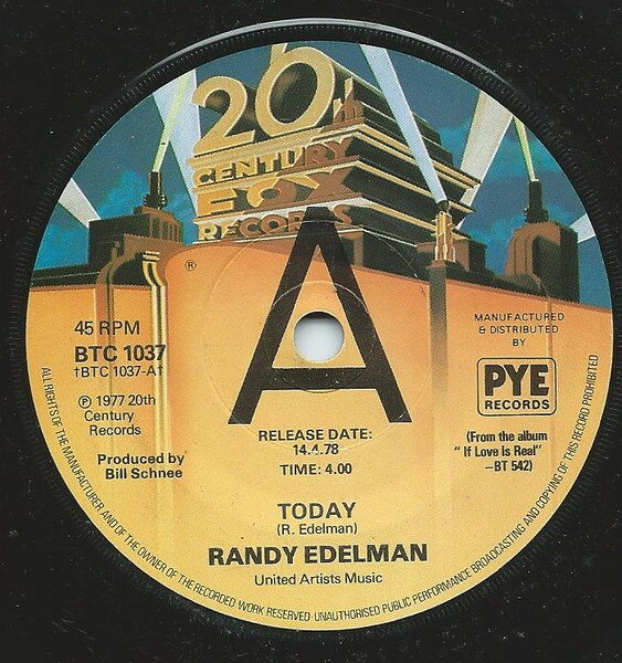 ・アーティスト Randy Edelman ・タイトル Today ・レーベル・型番 20th Century Fox Records BTC1037PROMO ・フォーマット 7インチレコード ・コンディション(盤) 非常に良い(EX) ...