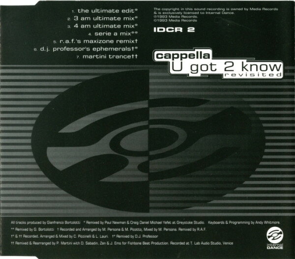・アーティスト Cappella ・タイトル U Got 2 Know (Revisited) ・レーベル・型番 Internal Dance IDCR2 ・フォーマット CD ・コンディション(盤) 良い (VG+) ・コンディション(ジ...