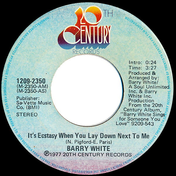 ・アーティスト Barry White ・タイトル It's Ecstasy When You Lay Down Next To Me ・レーベル・型番 20th Century Records 12092350 ・フォーマット 7インチレ...
