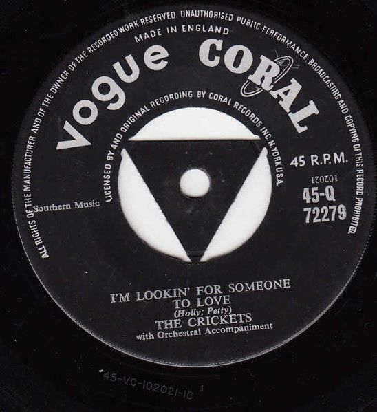 ・アーティスト Crickets ・タイトル I'm Lookin' For Someone To Love ・レーベル・型番 Vogue Coral 45Q72279 ・フォーマット 7インチレコード ・コンディション(盤) 良い (VG...