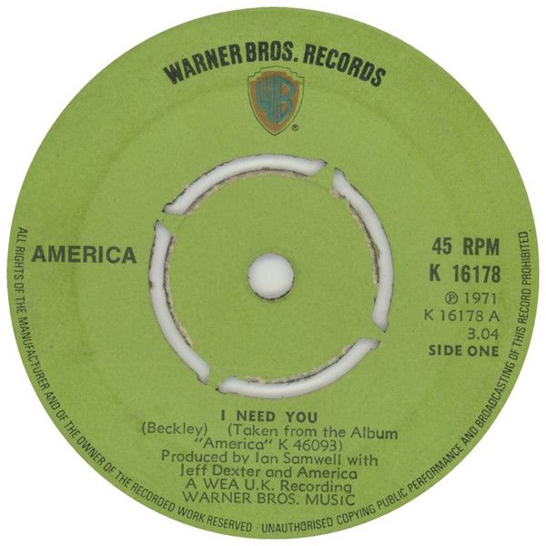 ・アーティスト America ・タイトル I Need You ・レーベル・型番 Warner Bros. Records K16178 ・フォーマット 7インチレコード ・コンディション(盤) 非常に良い(EX) ・コンディション(ジャ...