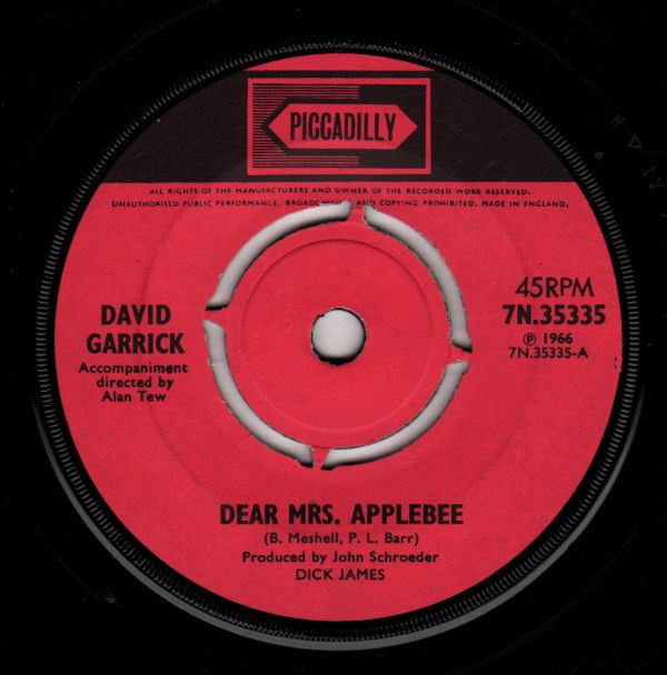 ・アーティスト David Garrick ・タイトル Dear Mrs. Applebee ・レーベル・型番 Piccadilly 7N35335 ・フォーマット 7インチレコード ・コンディション(盤) 非常に良い(EX) ・コンディシ...