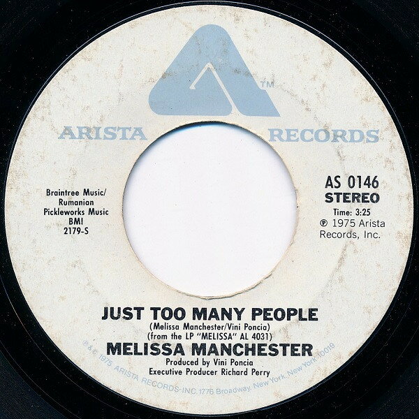 ・アーティスト Melissa Manchester ・タイトル Just Too Many People ・レーベル・型番 Arista AS0146 ・フォーマット 7インチレコード ・コンディション(盤) 良い (VG+) ・コンディ...