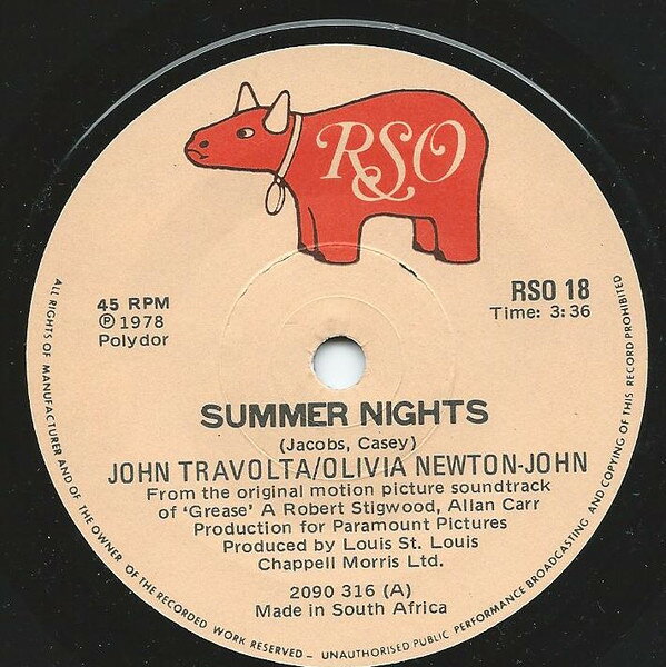 ・アーティスト John Travolta / Olivia Newton-John / Louis St. Louis ・タイトル Summer Nights / Rock 'N Roll Party Queen ・レーベル・型番 RSO...