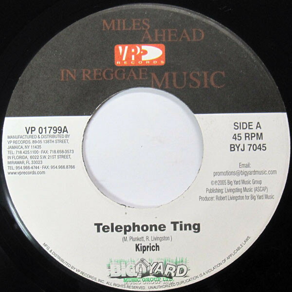 ・アーティスト Kiprich ・タイトル Telephone Ting ・レーベル・型番 VP Records VP01799 ・フォーマット 7インチレコード ・コンディション(盤) 非常に良い(EX) ・コンディション(ジャケット) ...