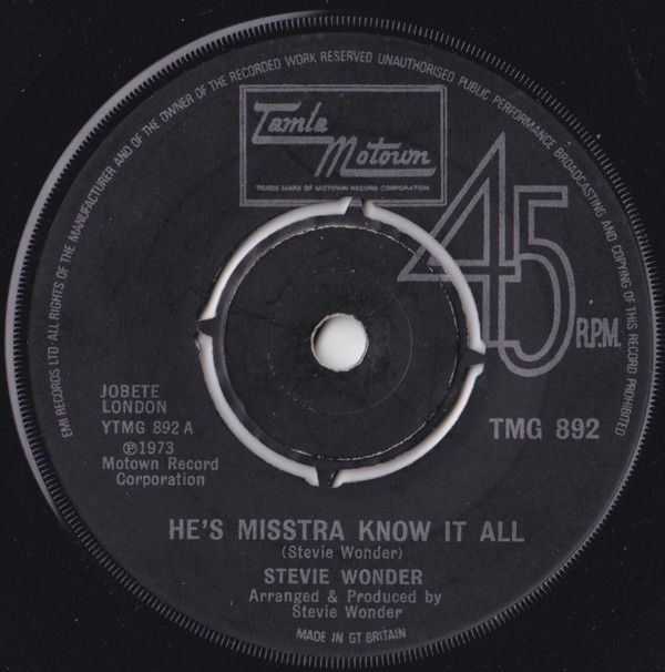 ・アーティスト Stevie Wonder ・タイトル He's Misstra Know It All ・レーベル・型番 Tamla Motown TMG892 ・フォーマット 7インチレコード ・コンディション(盤) 良い (VG+) ...