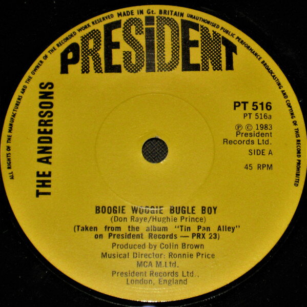 ・アーティスト Andersons ・タイトル Boogie Woogie Bugle Boy ・レーベル・型番 PRESIDENT PT516 ・フォーマット 7インチレコード ・コンディション(盤) ほぼ新品 (M-) ・コンディション...
