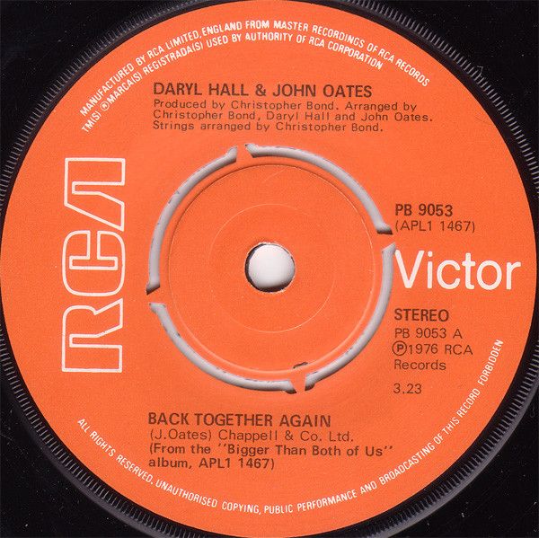 ・アーティスト Daryl Hall & John Oates ・タイトル Back Together Again ・レーベル・型番 RCA Victor PB9053 ・フォーマット 7インチレコード ・コンディション(盤) 良い (VG...