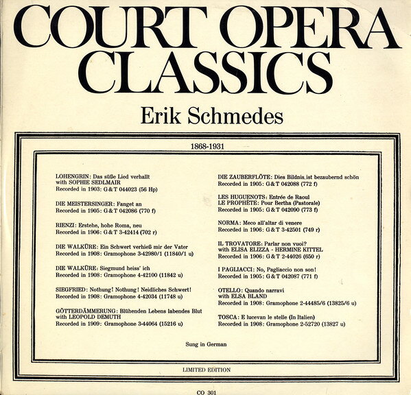・アーティスト Erik Schmedes ・タイトル Erik Schmedes ・レーベル・型番 Court Opera Classics CO301 ・フォーマット LPレコード ・コンディション(盤) 非常に良い(EX) ・コンディ...