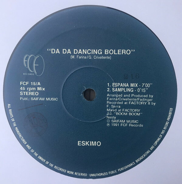 ・アーティスト Eskimo ・タイトル Da Da Dancing Bolero ・レーベル・型番 FCF Records FCF15 ・フォーマット 12インチレコード ・コンディション(盤) 良い (VG+) ・コンディション(ジャケ...