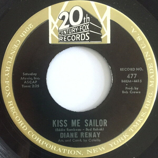 ・アーティスト Diane Renay ・タイトル Kiss Me Sailor ・レーベル・型番 20th Century Fox Records 477 ・フォーマット 7インチレコード ・コンディション(盤) 良い (VG+) ・コン...