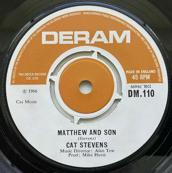 ・アーティスト Cat Stevens ・タイトル Matthew And Son ・レーベル・型番 DERAM DM110 ・フォーマット 7インチレコード ・コンディション(盤) 良い (VG+) ・コンディション(ジャケット) プレイ...
