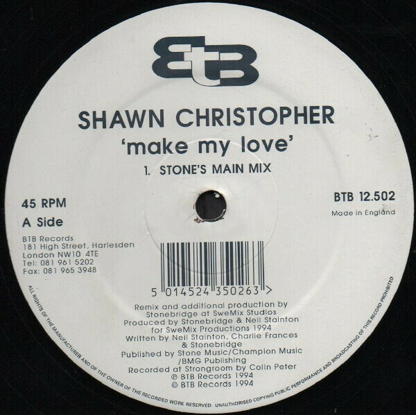 ・アーティスト Shawn Christopher ・タイトル Make My Love (Mixes By Stonebridge - Motiv 8) ・レーベル・型番 ・フォーマット 12インチレコード ・コンディション(盤) 良い ...