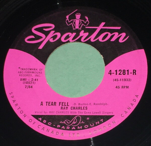 ・アーティスト Ray Charles ・タイトル A Tear Fell / No One To Cry To ・レーベル・型番 Sparton 41281R ・フォーマット 7インチレコード ・コンディション(盤) 良い (VG+) ・...