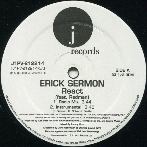 ・アーティスト Erick Sermon, Redman ・タイトル React ・レーベル・型番 J Records J1PV212211PROMO ・フォーマット 12インチレコード ・コンディション(盤) 良い (VG+) ・コンディ...