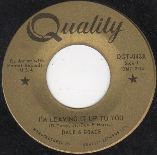 ・アーティスト Dale & Grace ・タイトル I'm Leaving It Up To You ・レーベル・型番 Quality QGT043X ・フォーマット 7インチレコード ・コンディション(盤) 良い (VG+) ・コンディ...
