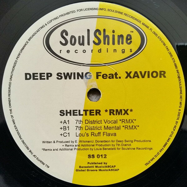 ・アーティスト Deep Swing, Xavior ・タイトル Shelter (Remixes) ・レーベル・型番 SoulShine Recordings SS012 ・フォーマット 12インチレコード ・コンディション(盤) 良い ...